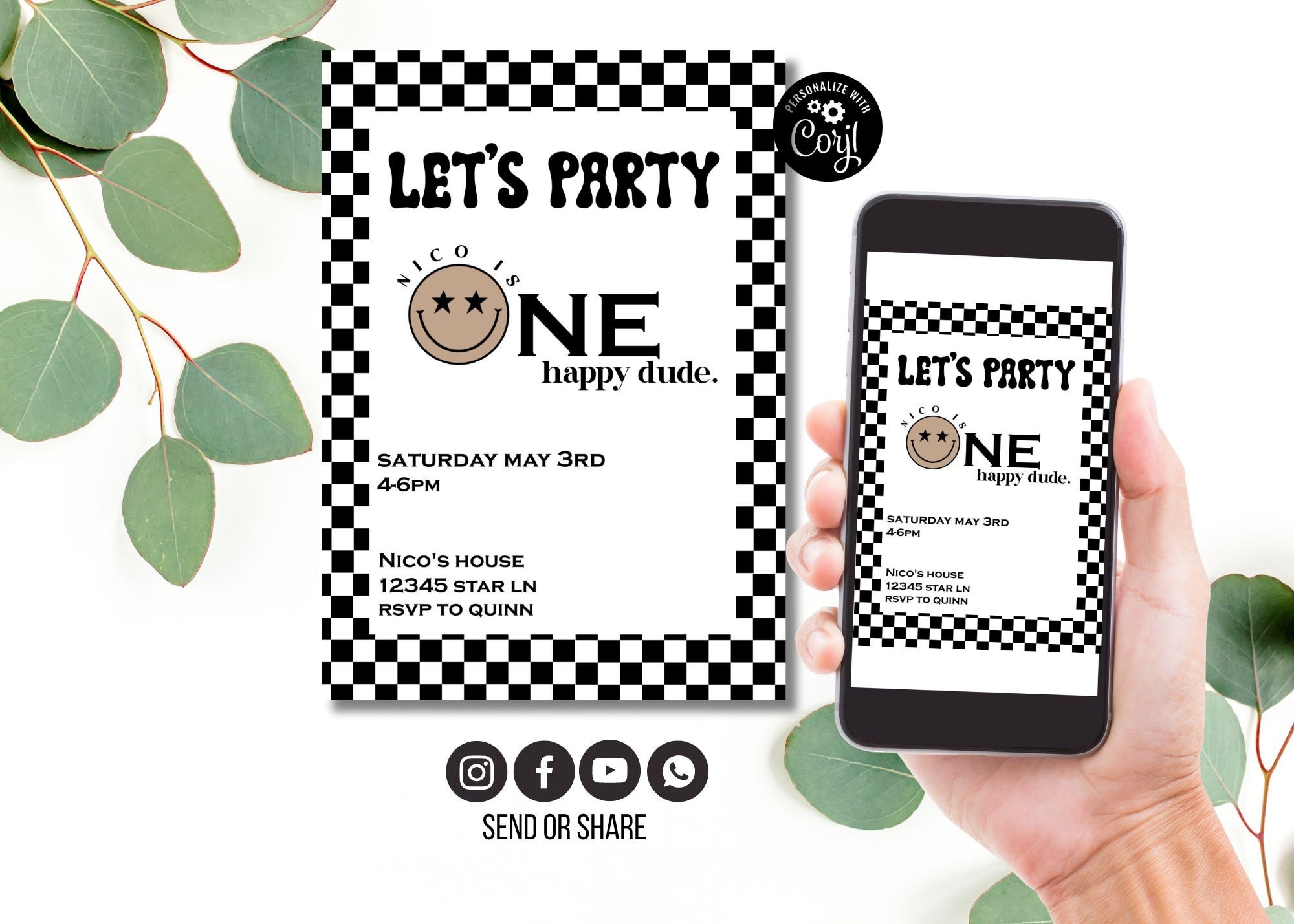 One Happy Dude, Smiley Invitation, Smiley Birthday, Checkered, Black ...