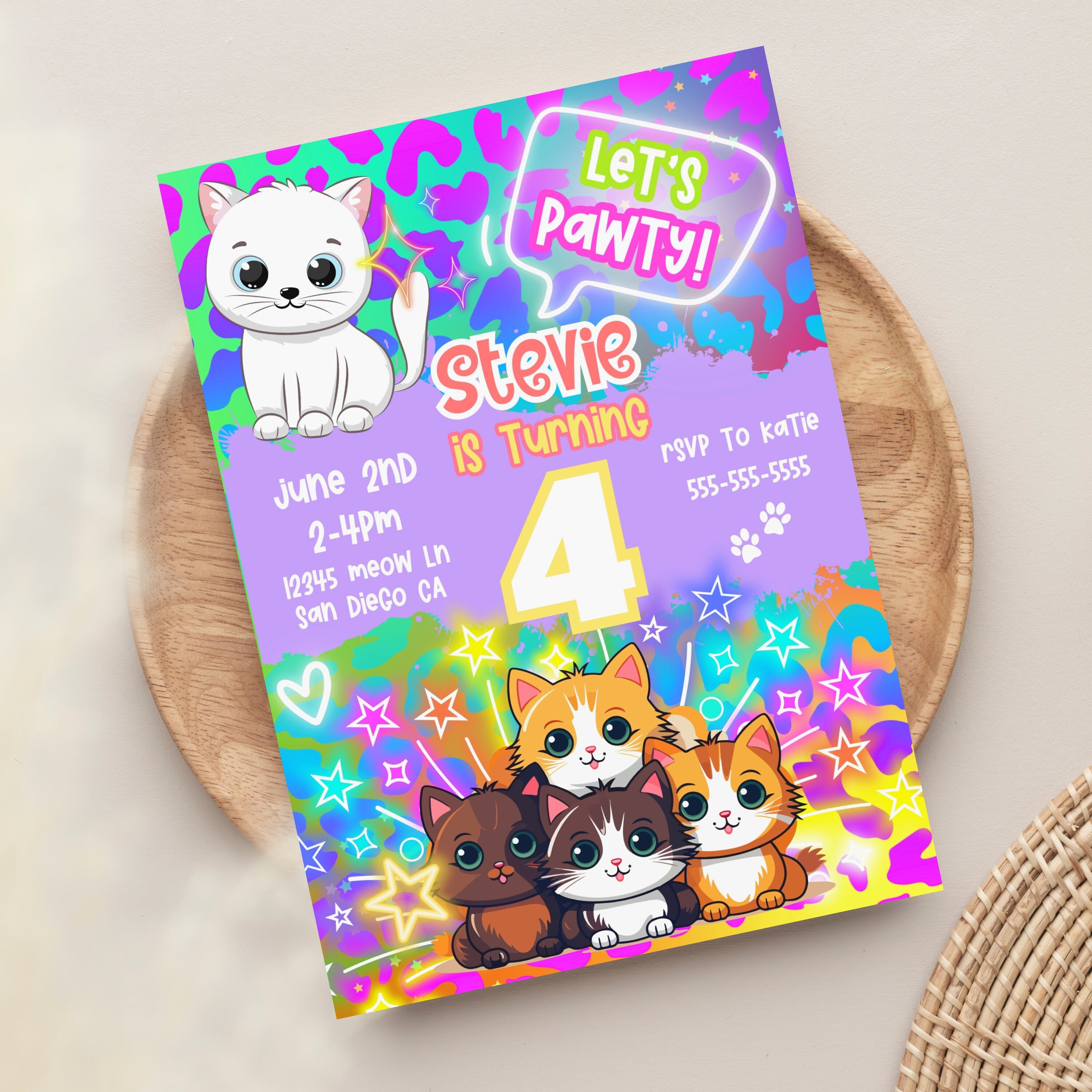 Kids Kitten Birthday Invitation, Editable Girls Party Invitation ...