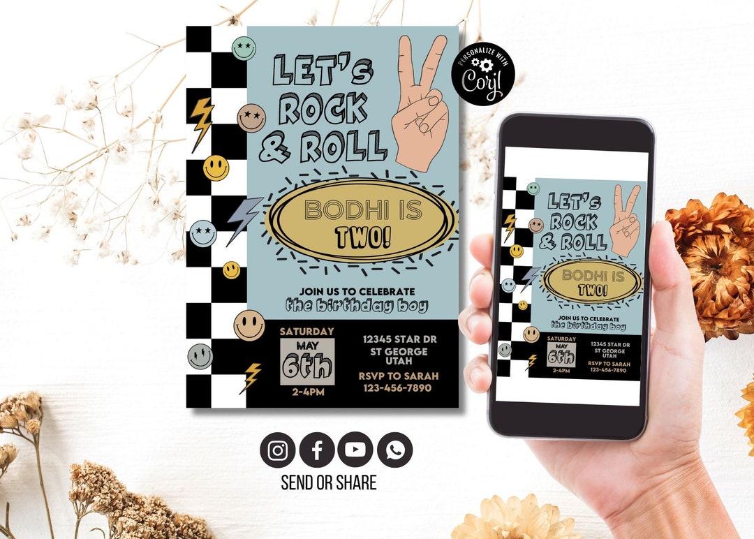Smiley Invitation, Rock and Roll Invitation, Boys Birthday, Boys ...