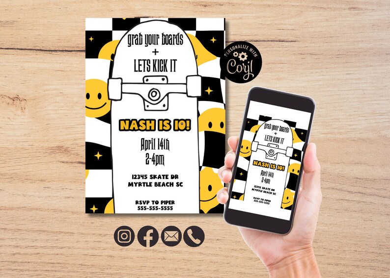 Skateboard Birthday Invitation, Smiley Invitation, Kids Birthday ...