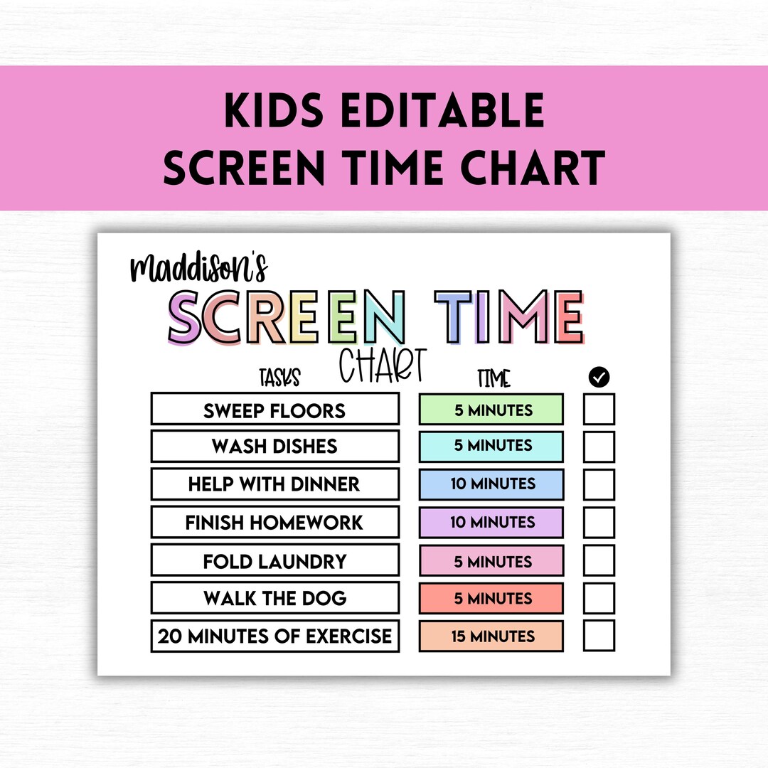 Editable Screen Time Chart, Screen Time Tracker, Kids Chart, Chore ...