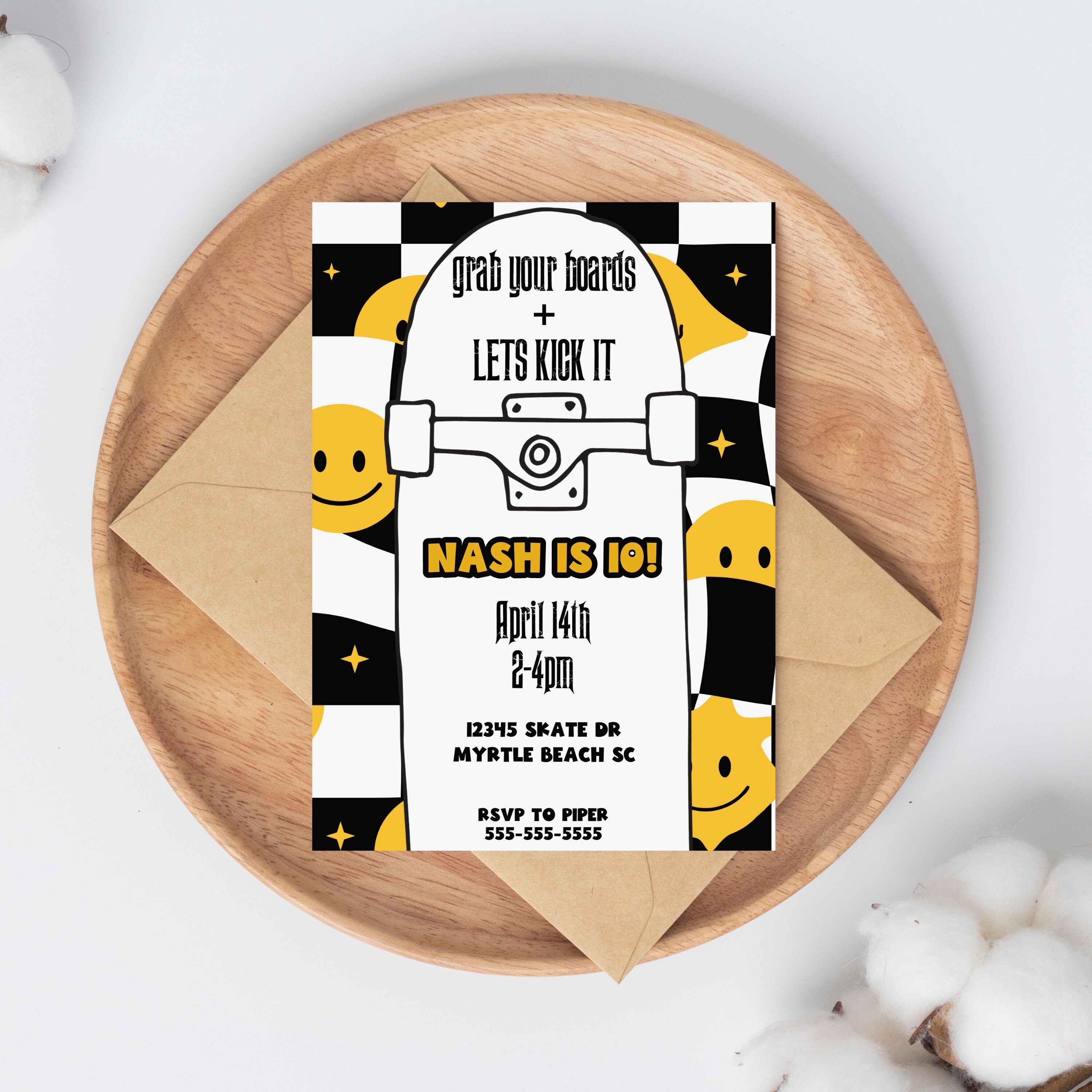 Skateboard Birthday Invitation, Smiley Invitation, Kids Birthday ...