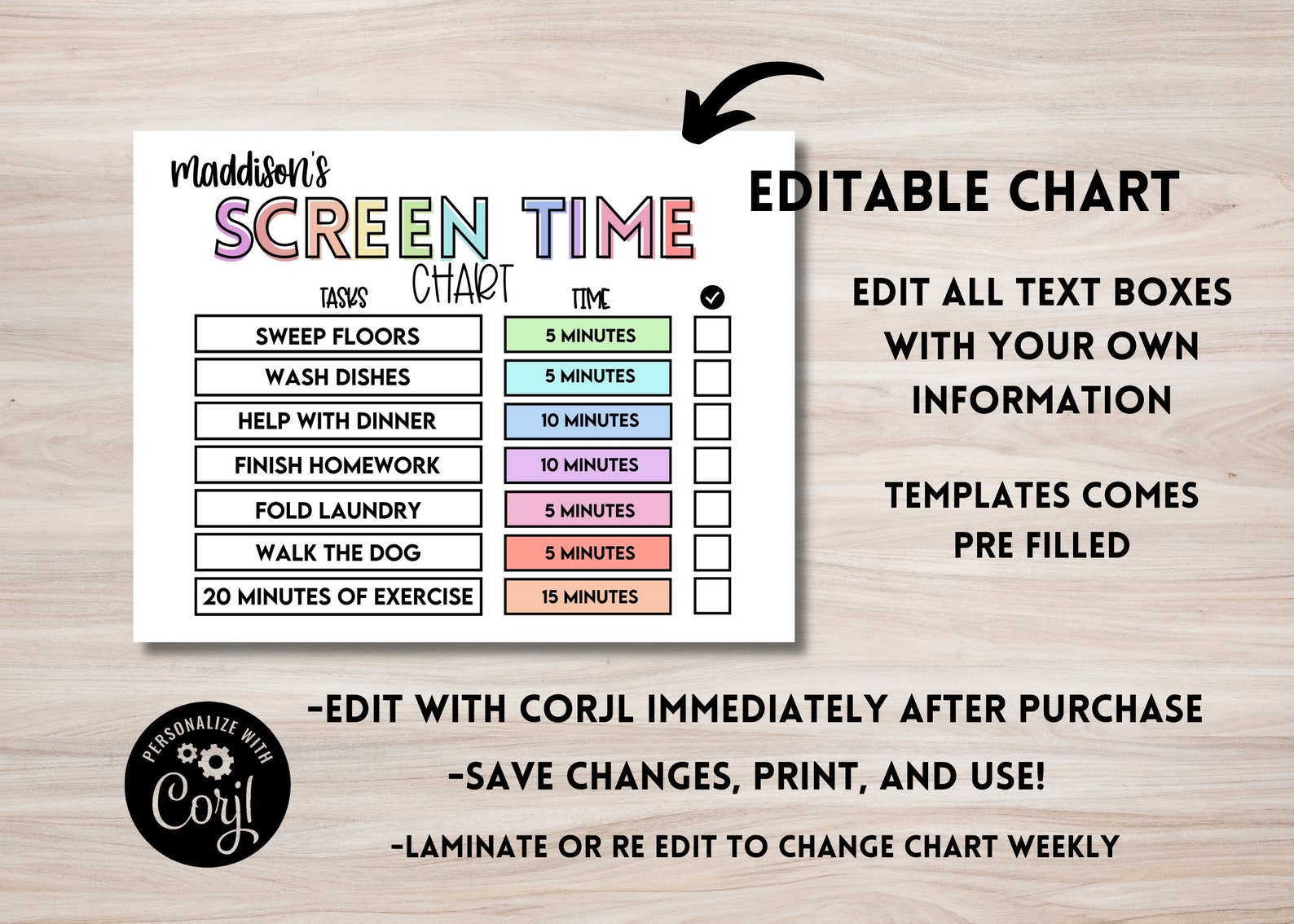 Editable Screen Time Chart, Screen Time Tracker, Kids Chart, Chore ...