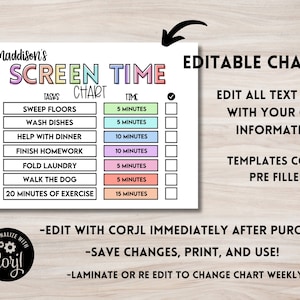 Editable Screen Time Chart, Screen Time Tracker, Kids Chart, Chore ...