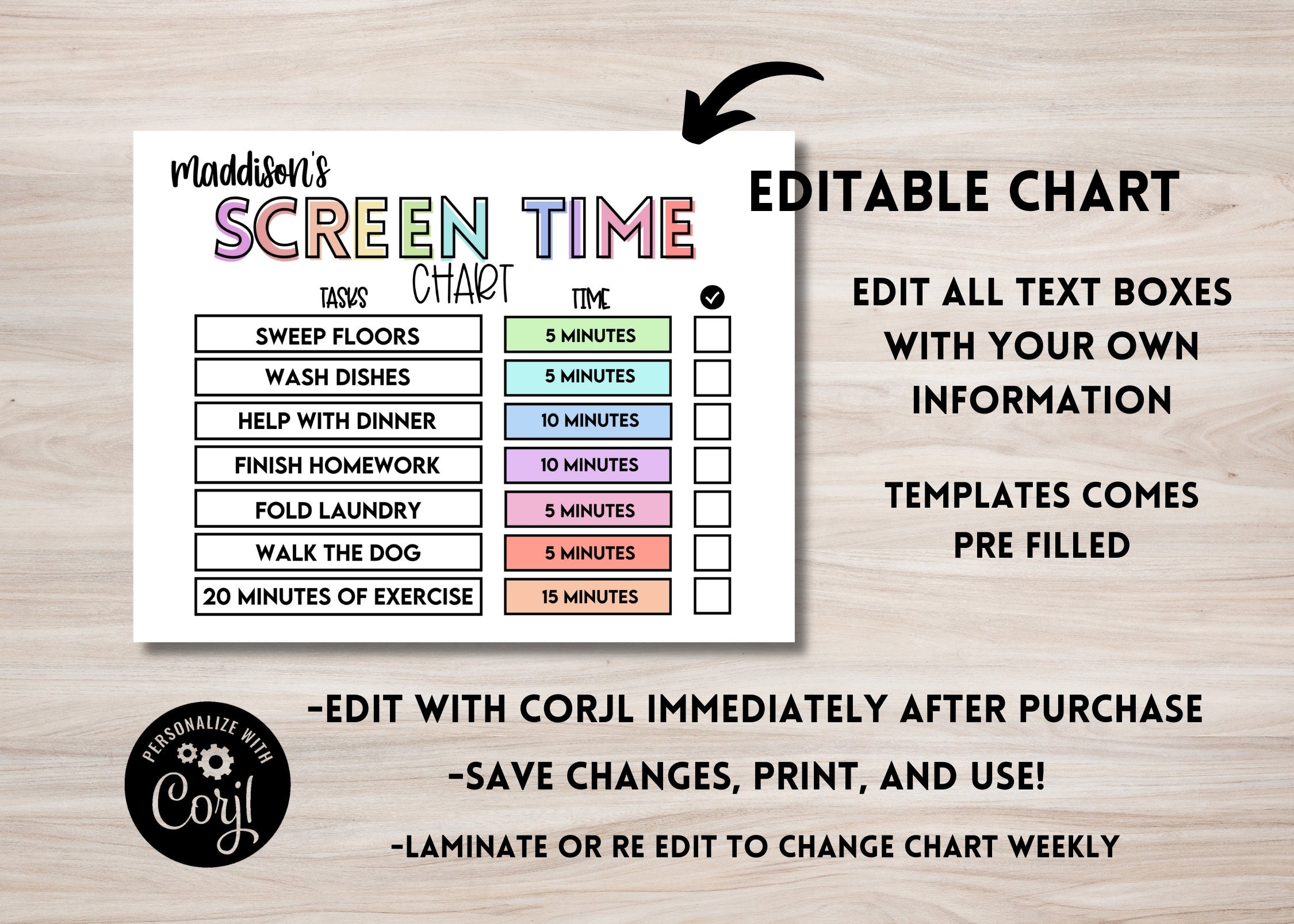 Editable Screen Time Chart, Screen Time Tracker, Kids Chart, Chore ...