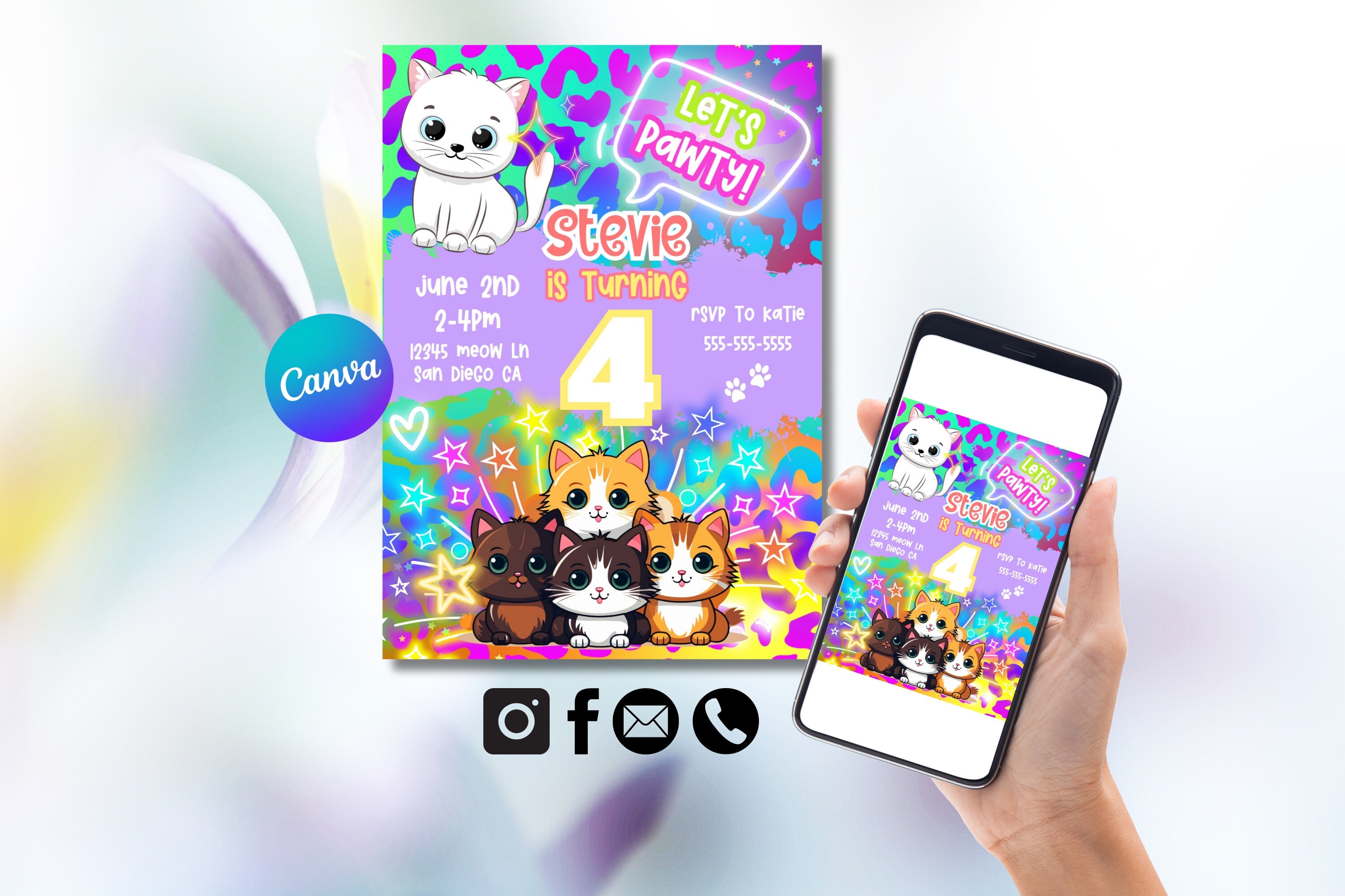 Kids Kitten Birthday Invitation, Editable Girls Party Invitation ...