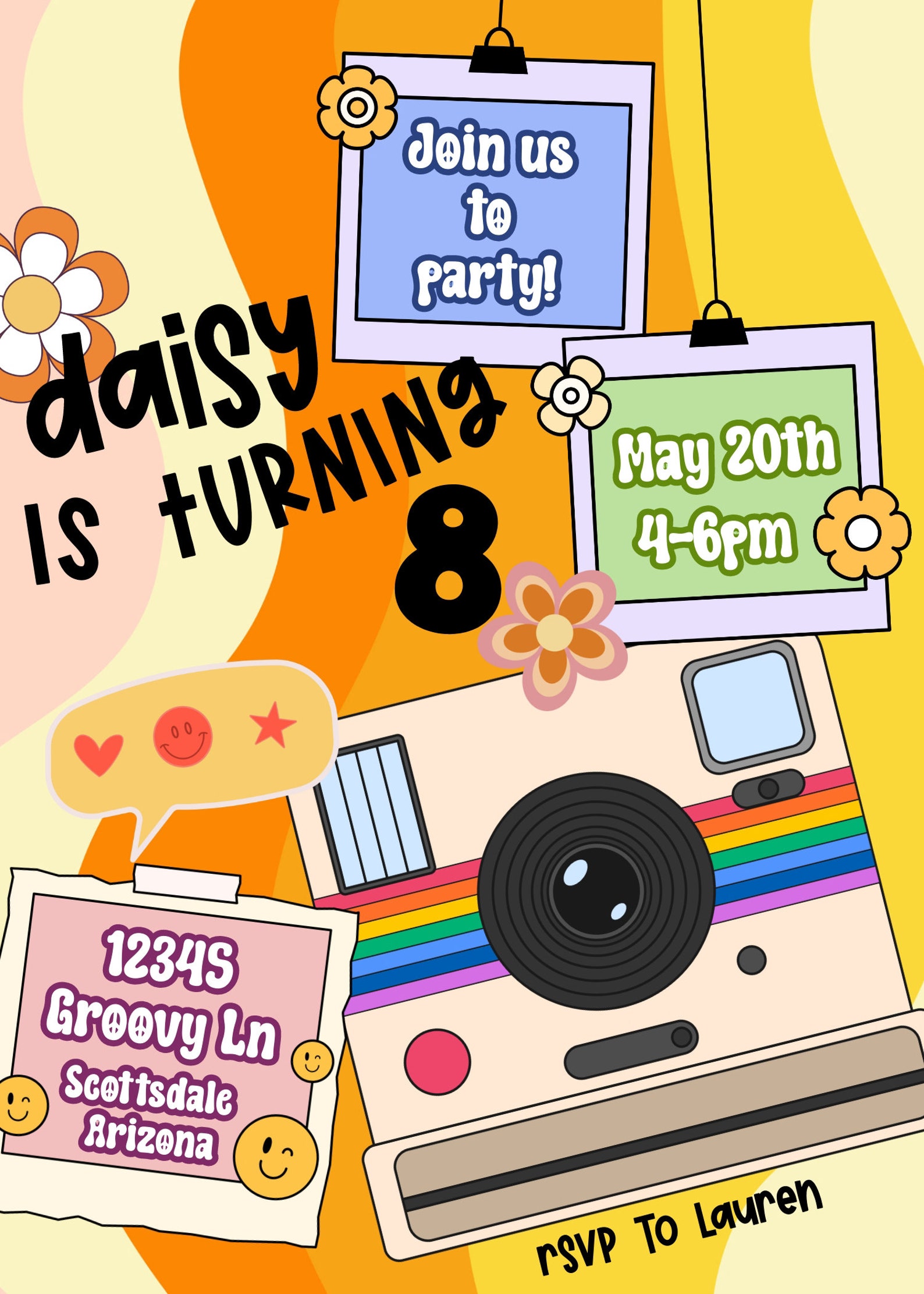 Retro Polaroid Birthday Invitation, Kids Invitation, Smiley Birthday ...