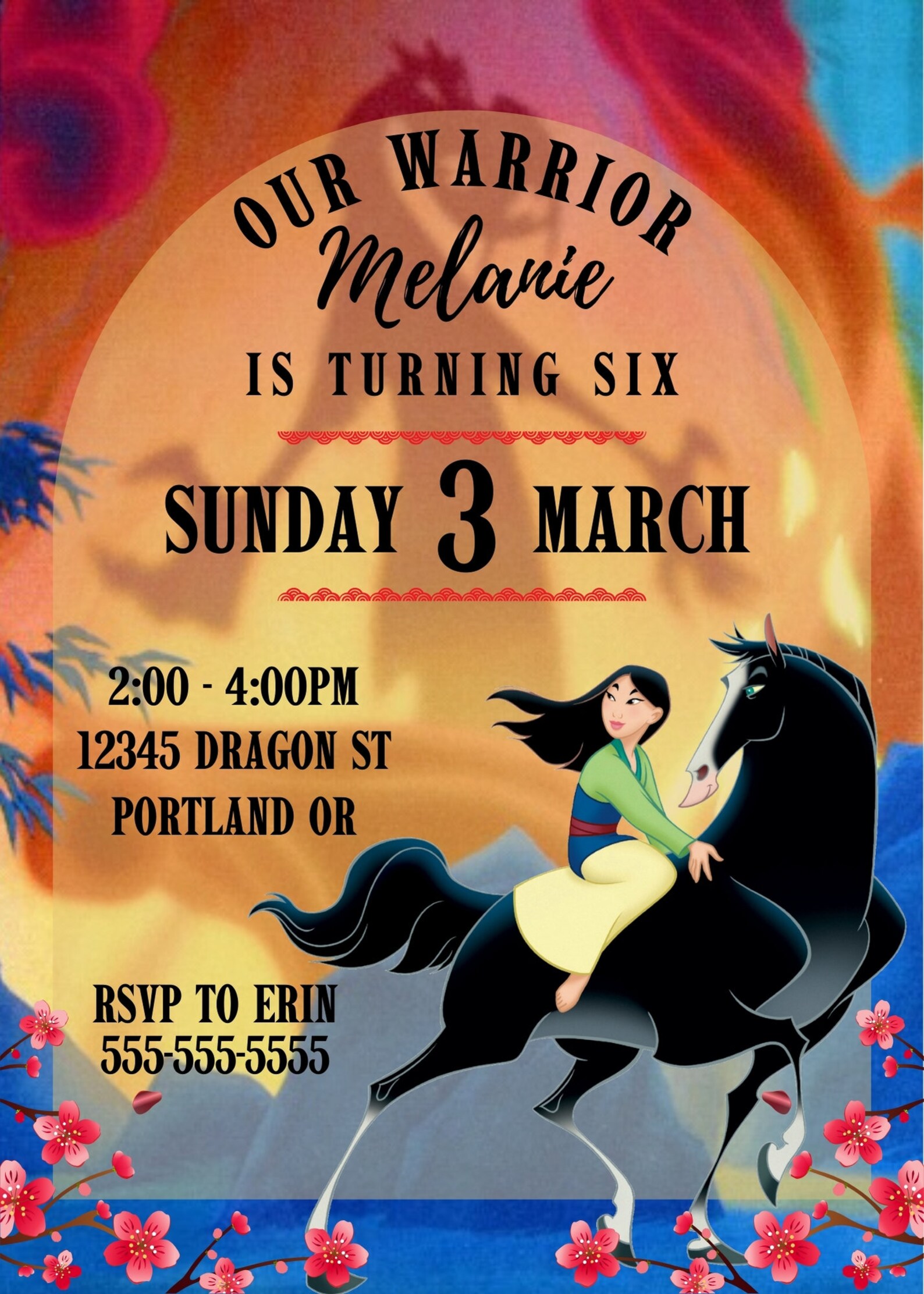 Kids Mulan Birthday Invitation, Girls Princess Birthday Invite ...