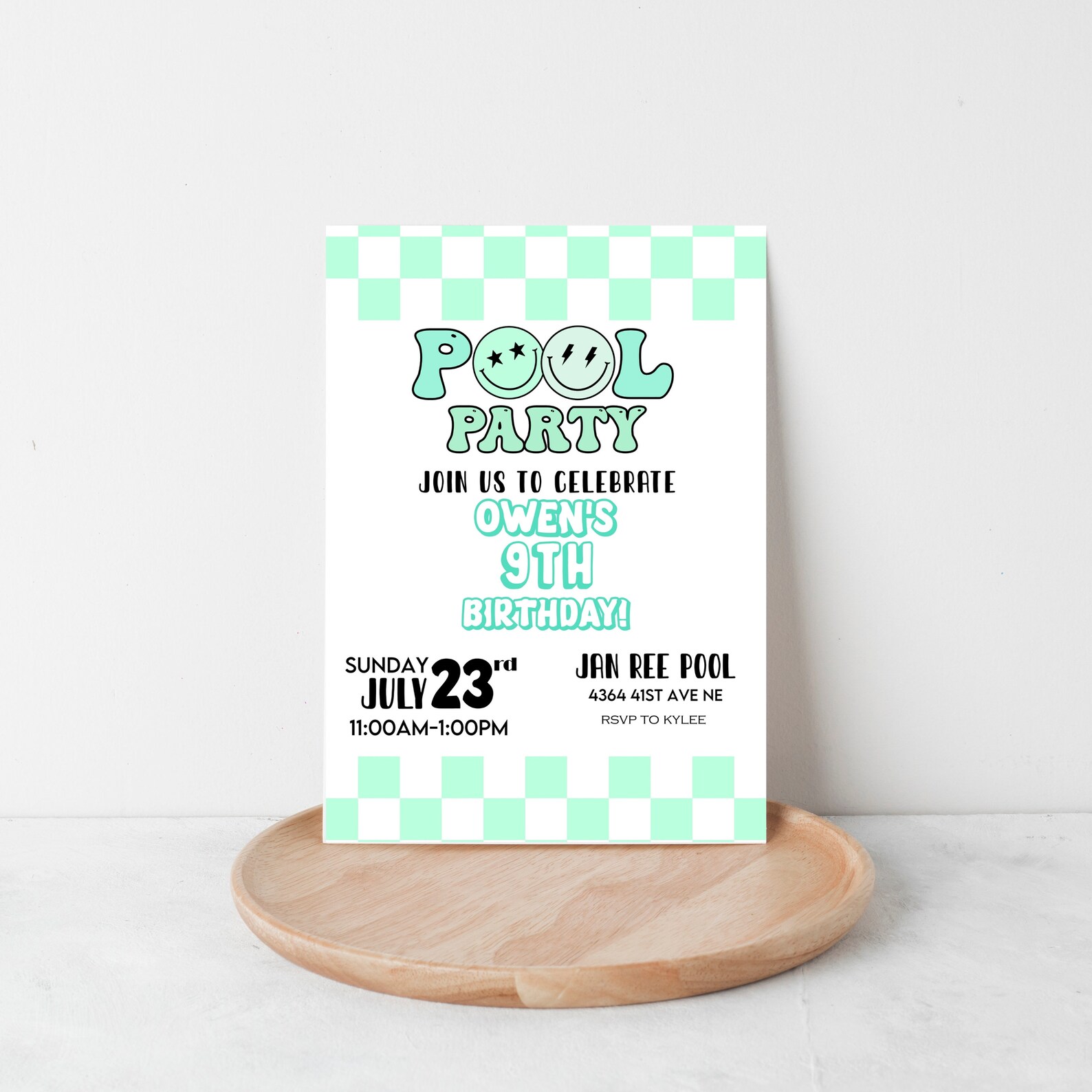 Smiley Invitation, Pool Party Birthday, Checkered Invitation, Trendy ...