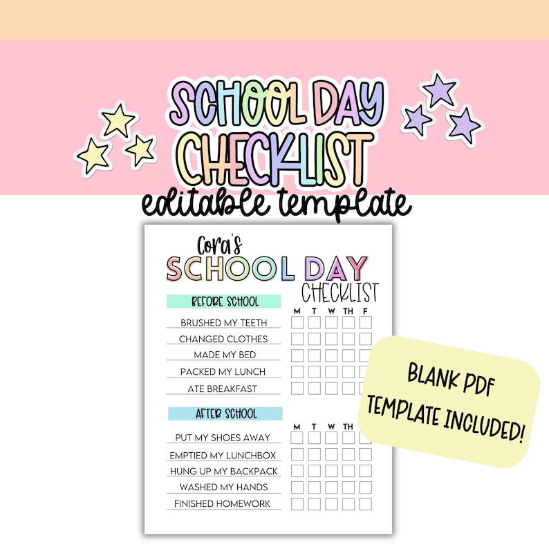 Editable School Day Checklist, Before School, After School, Kids Chart ...