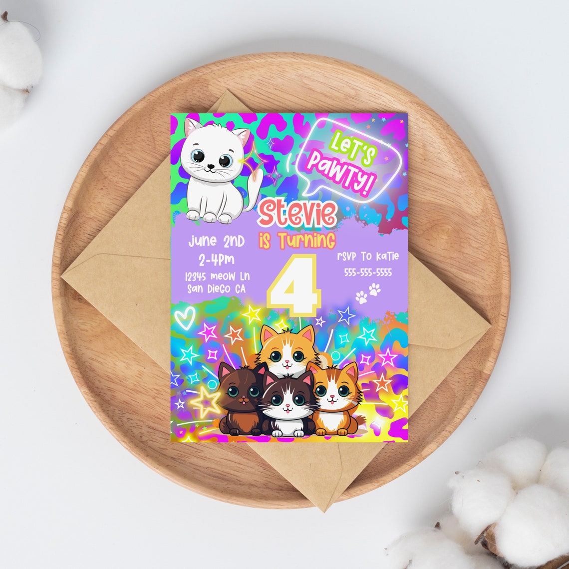 Kids Kitten Birthday Invitation, Editable Girls Party Invitation ...