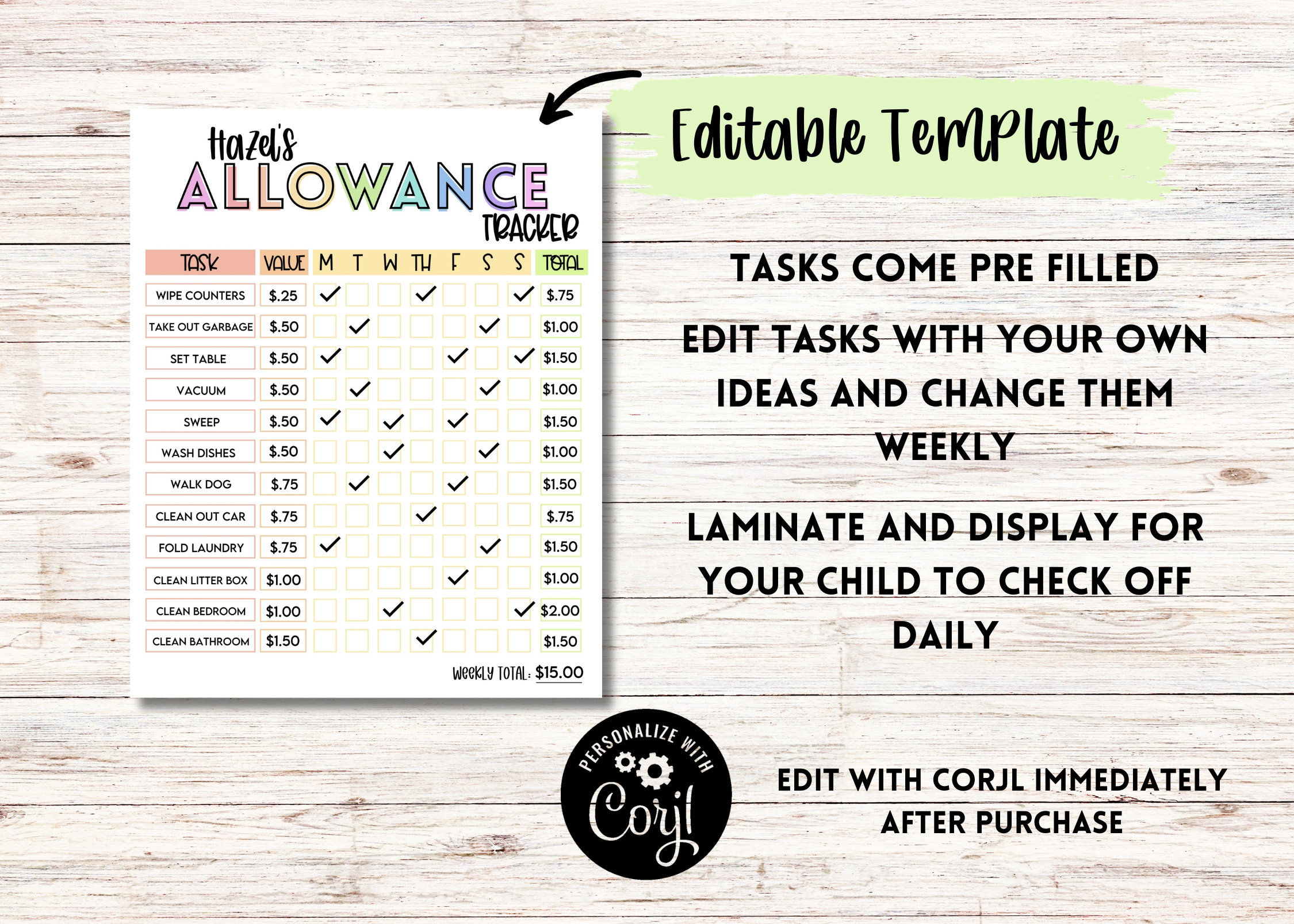 Editable Daily Checklist Bundle, Allowance Tracker, Kids Chore Chart ...