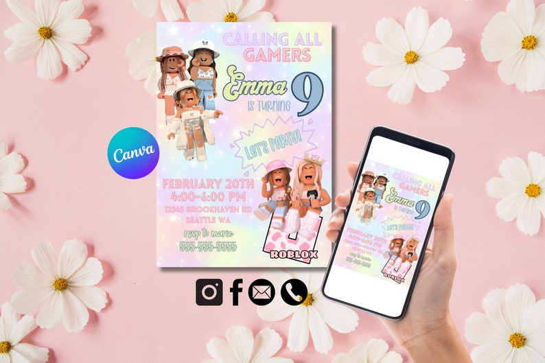Girly Roblox Editable Birthday Invitation, Cute Gamer Birthday ...