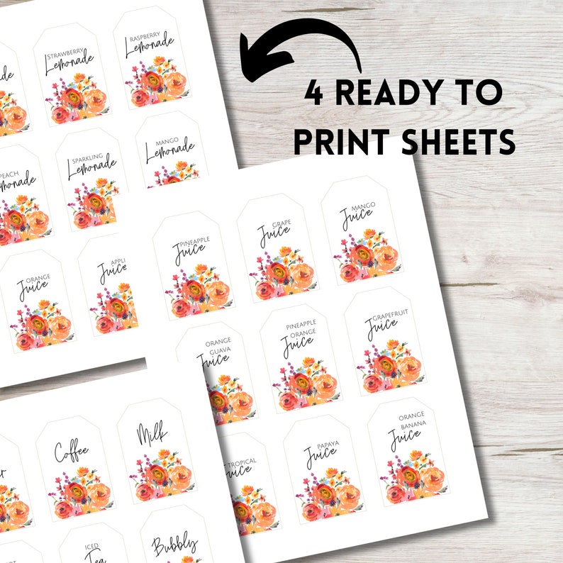 36 Watercolor Floral Drink Tags, Party Beverage Labels, Printable ...