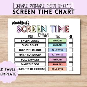 Editable Screen Time Chart, Screen Time Tracker, Kids Chart, Chore ...
