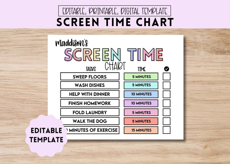 Editable Screen Time Chart, Screen Time Tracker, Kids Chart, Chore ...