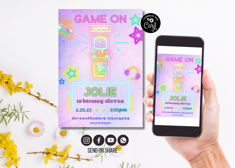 Arcade Birthday Invitation, Arcade Birthday, Retro Birthday, Neon ...