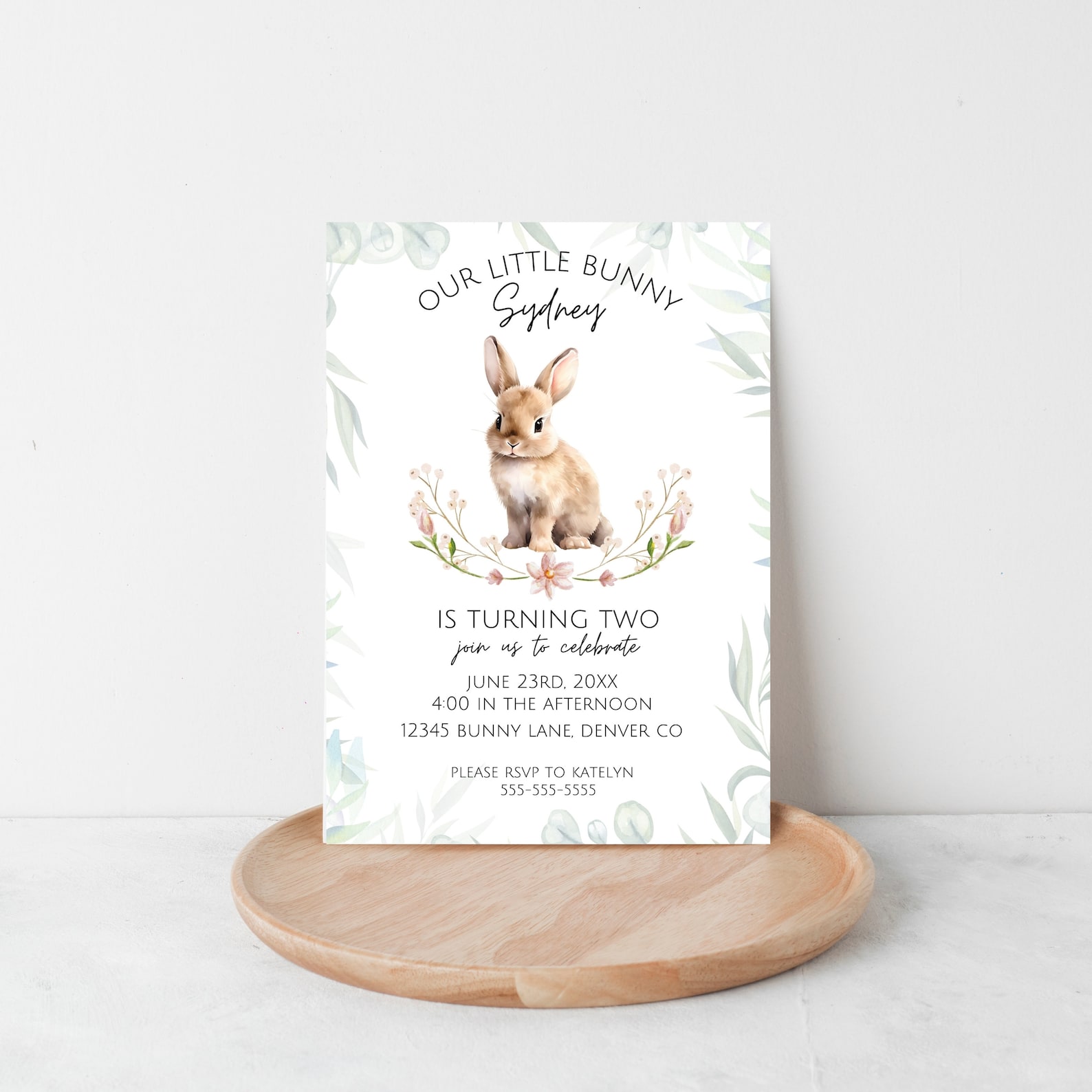 Minimalist Bunny Kids Birthday Invitation, Simple Watercolor Bunny ...