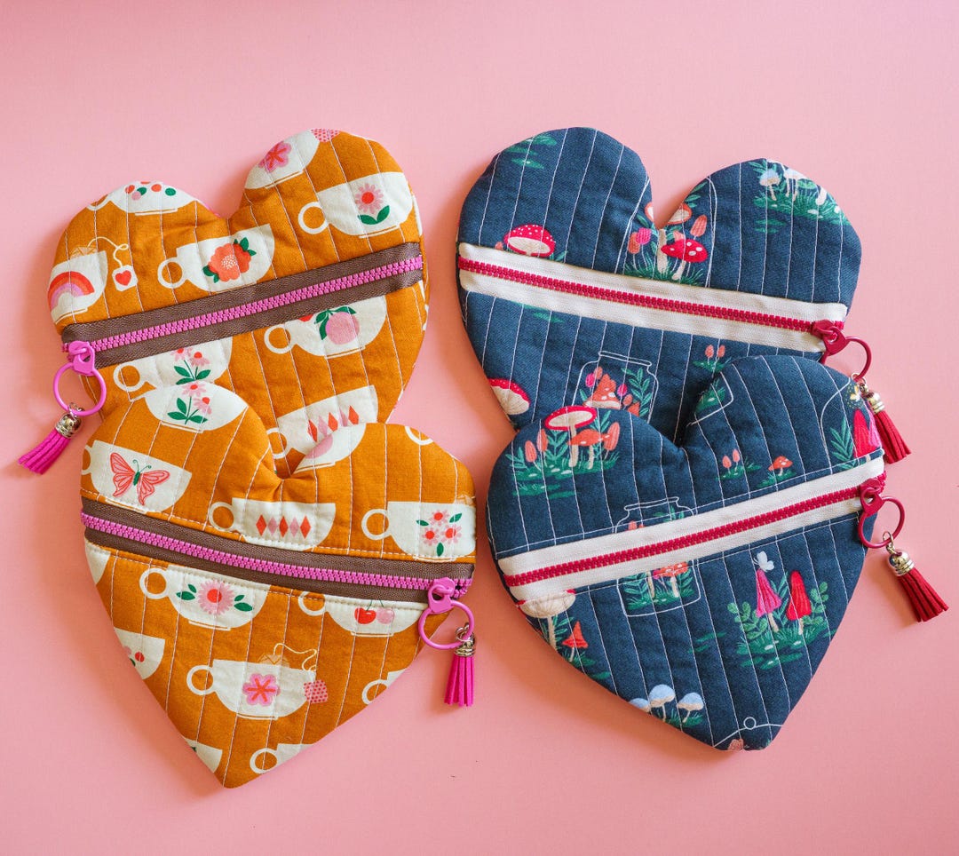 Boho Heart Zipper Pouch | Boho Makeup Bag | Quilted Heart Shaped Pouch ...