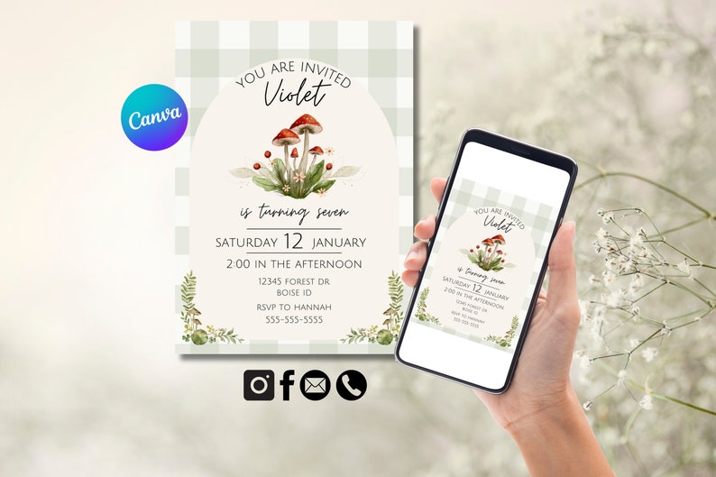 Cottagecore Mushroom Kids Birthday Invitation, Picnic Mushroom Birthday ...