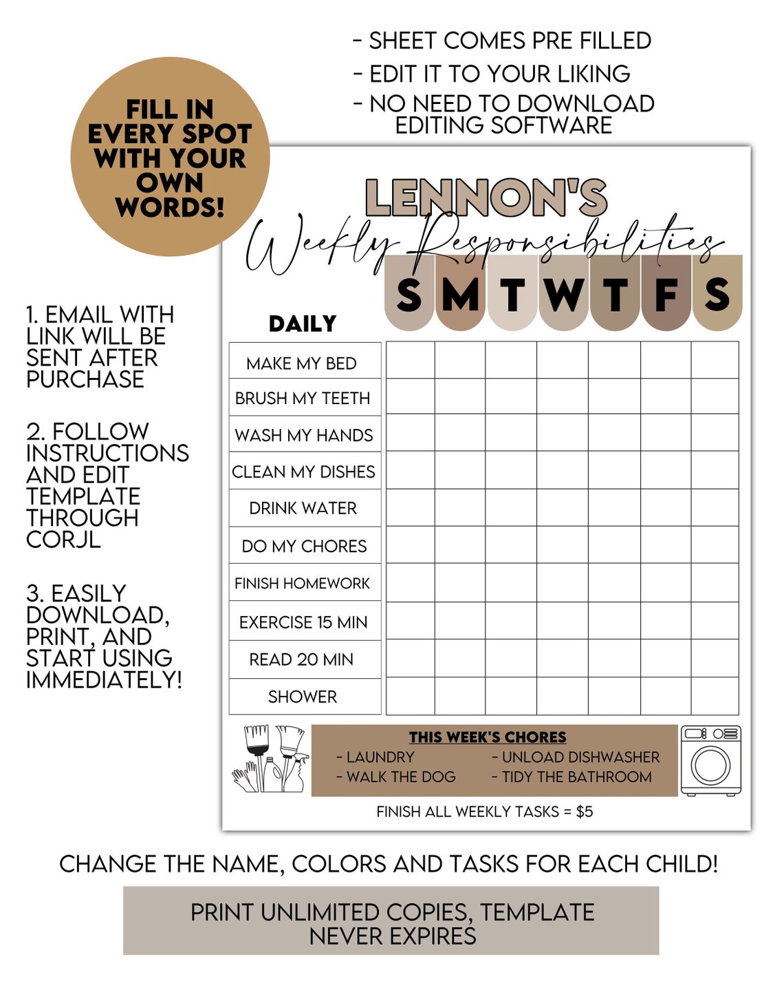 Chore Tracker, Kids Responsibility Sheet, Daily Task List, Daily Chore ...