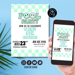 Smiley Invitation, Pool Party Birthday, Checkered Invitation, Trendy ...