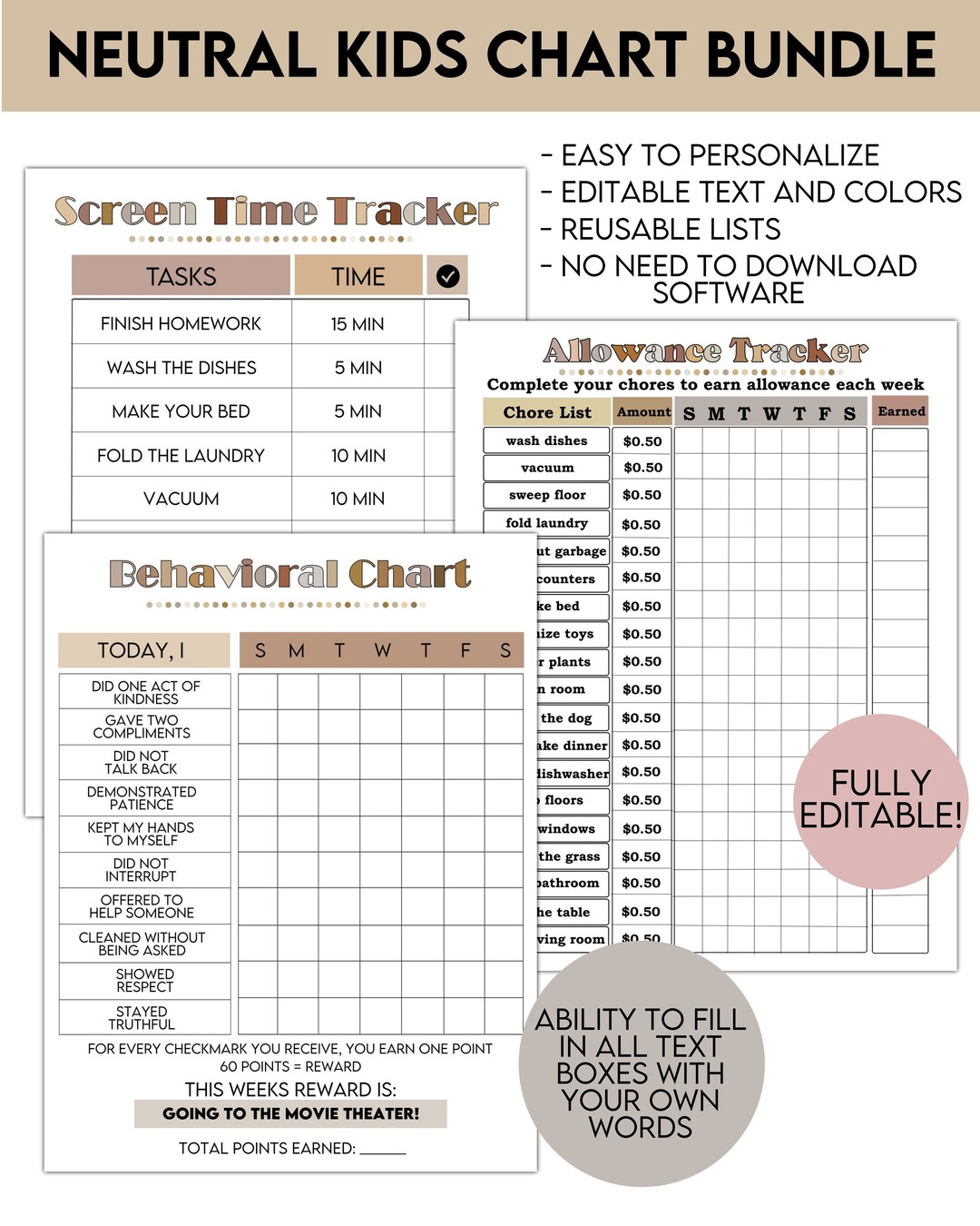 Kids Chore Chart, Allowance Tracker, Kids Chart, Behavior Chart ...