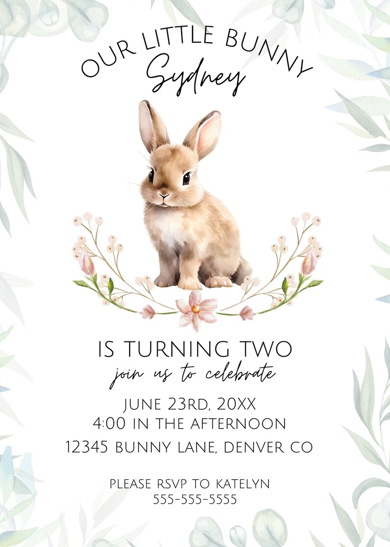 Minimalist Bunny Kids Birthday Invitation, Simple Watercolor Bunny ...