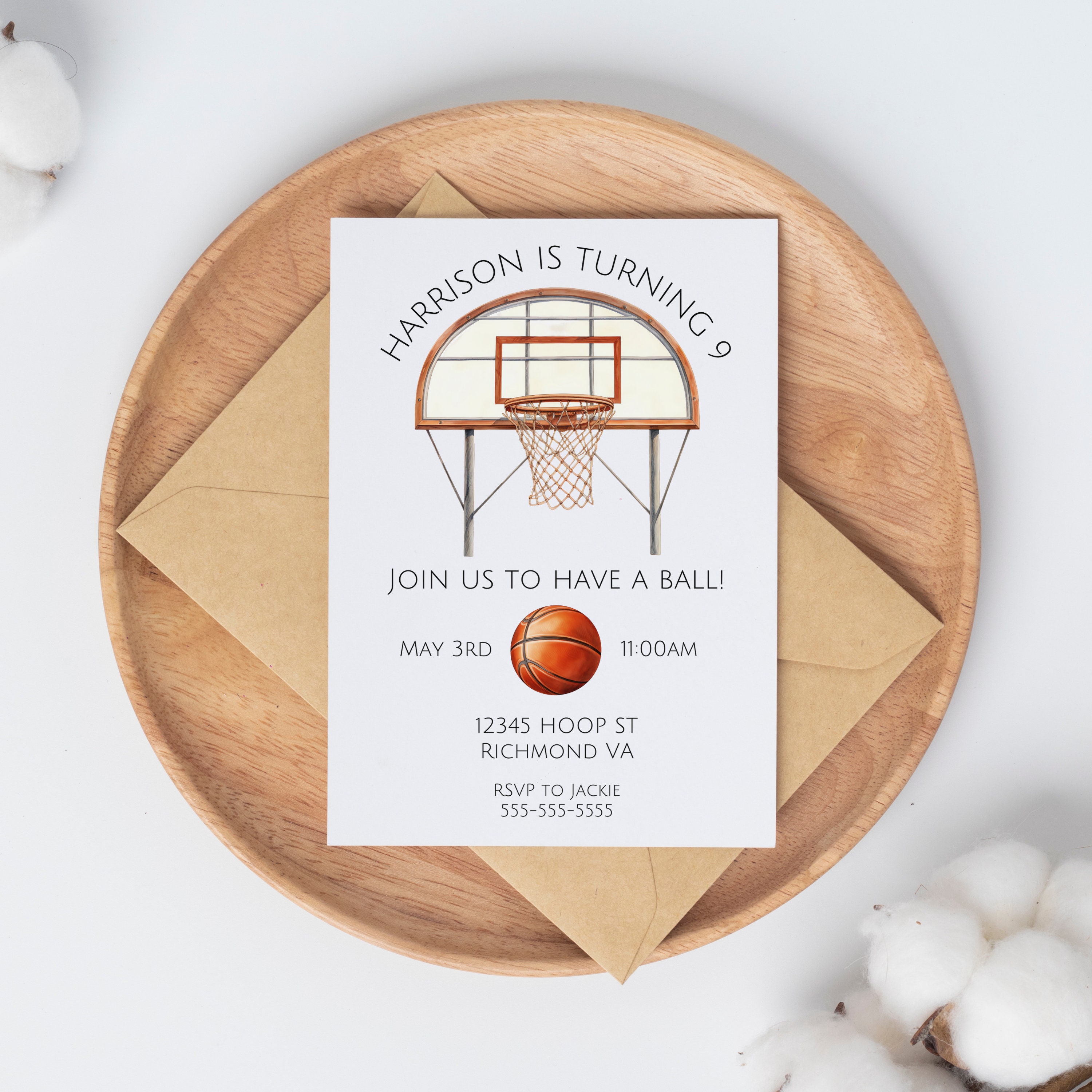 Basketball Birthday Invitation, Minimalist Kids Birthday Invitation ...