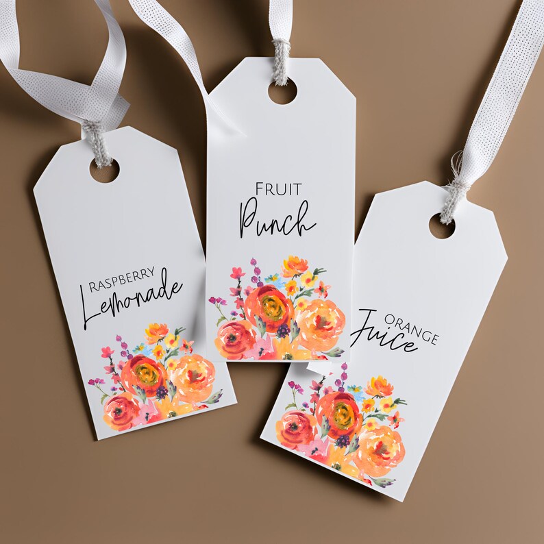 36 Watercolor Floral Drink Tags, Party Beverage Labels, Printable ...