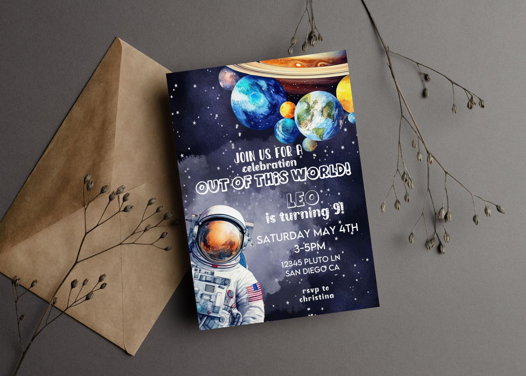 Space Birthday, Astronaut Invitation, First Trip Around the Sun, Stars ...