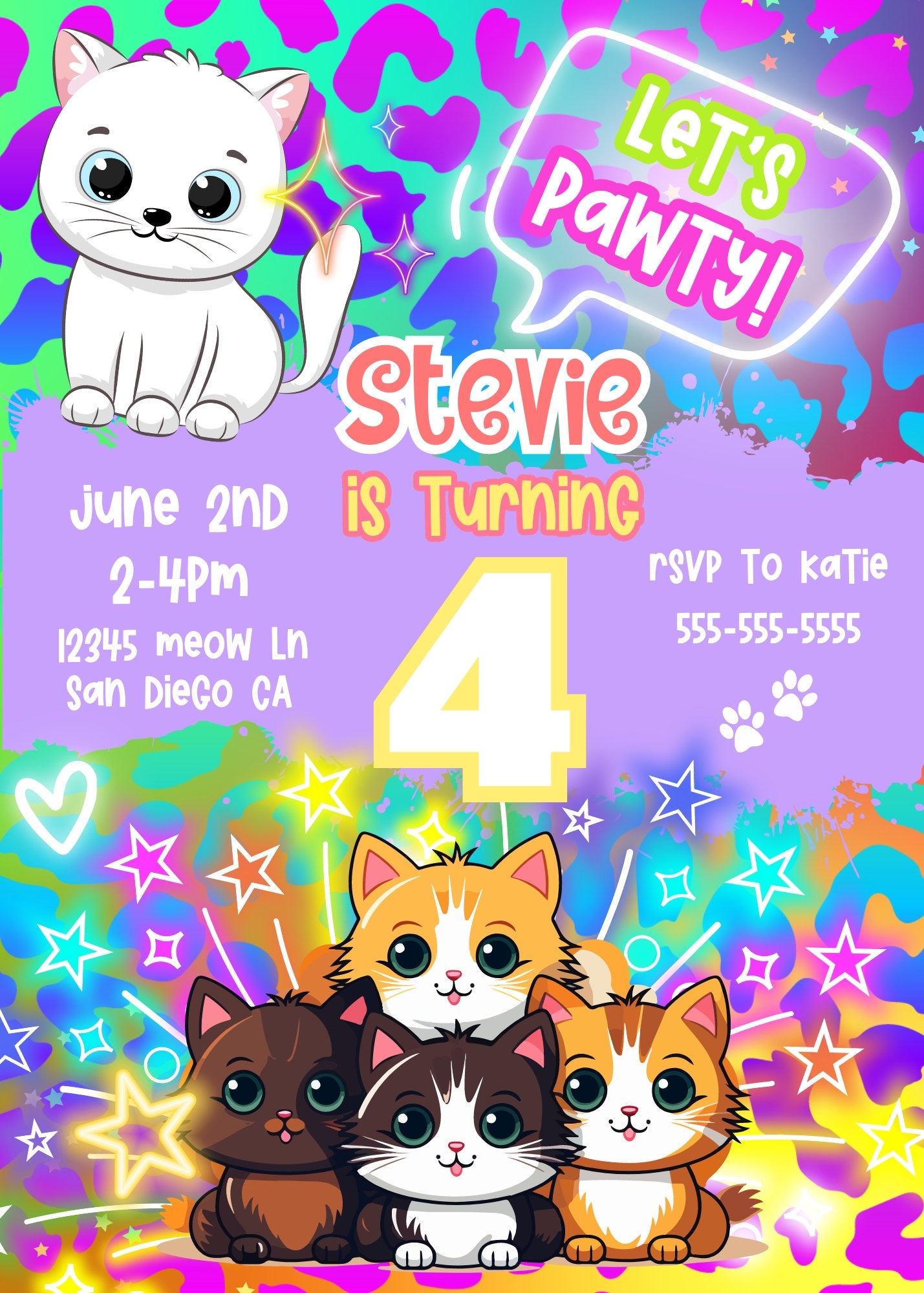 Kids Kitten Birthday Invitation, Editable Girls Party Invitation ...