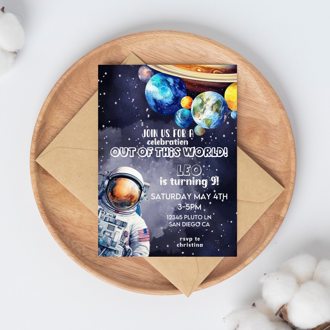 Space Birthday, Astronaut Invitation, First Trip Around the Sun, Stars ...