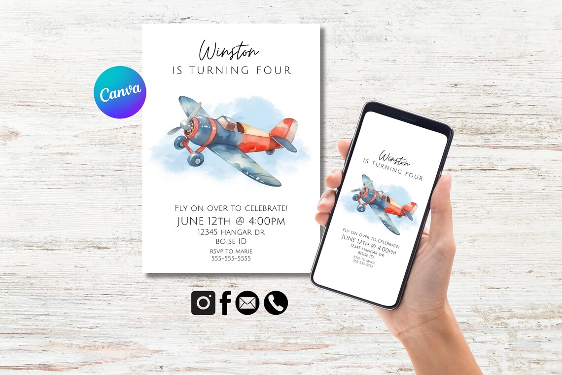 Airplane Birthday Invitation, Editable Kids Birthday Invitation ...