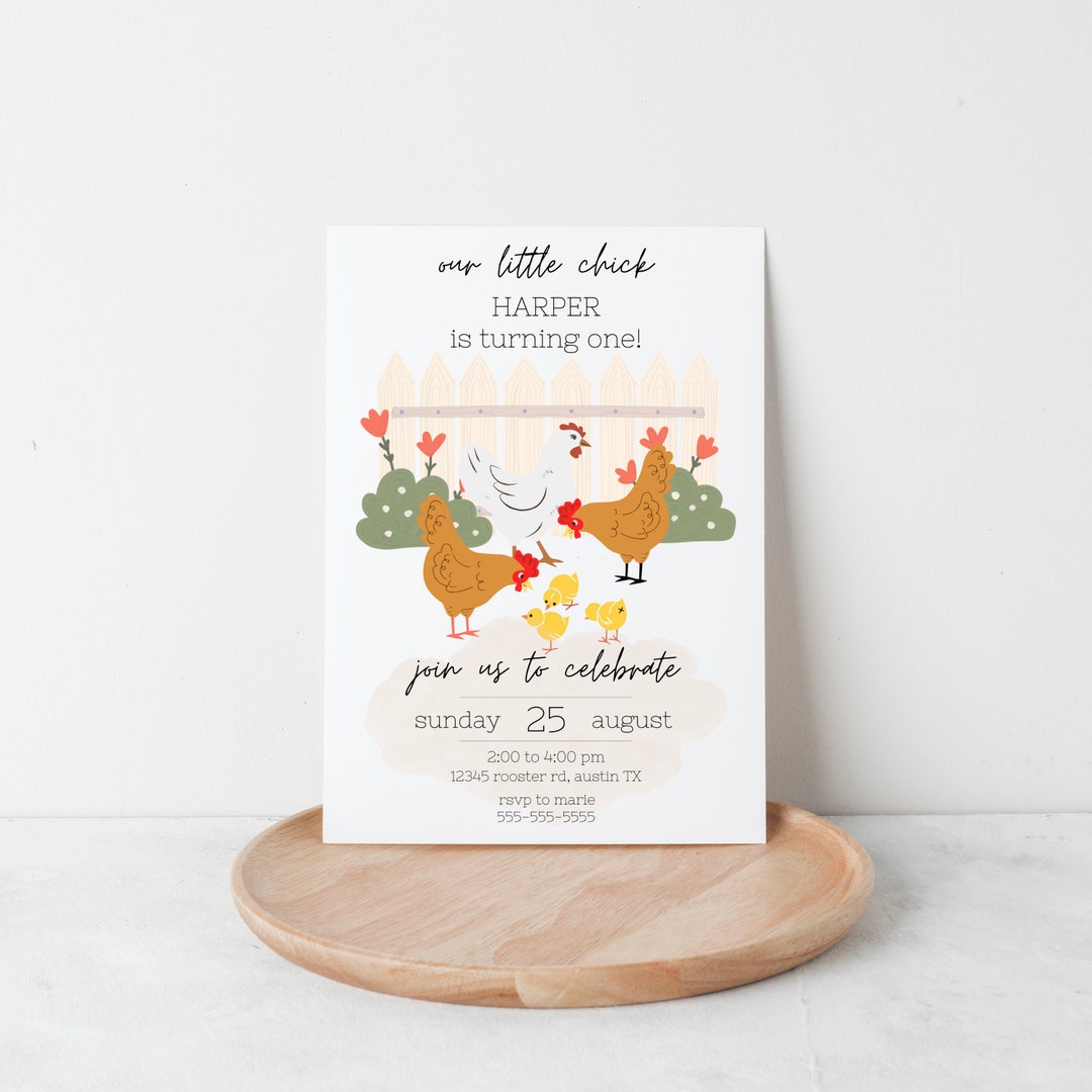 First Birthday Chicken Invitation, Minimalist Kids Birthday Invitation ...