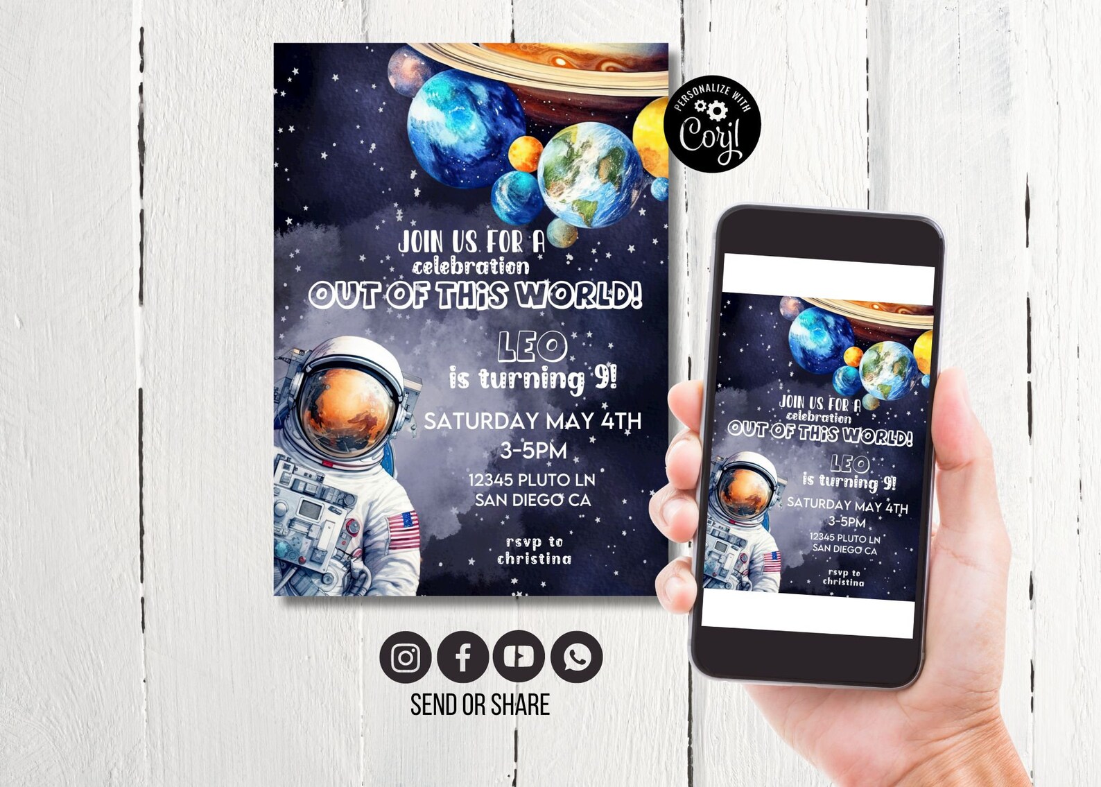 Space Birthday, Astronaut Invitation, First Trip Around the Sun, Stars ...