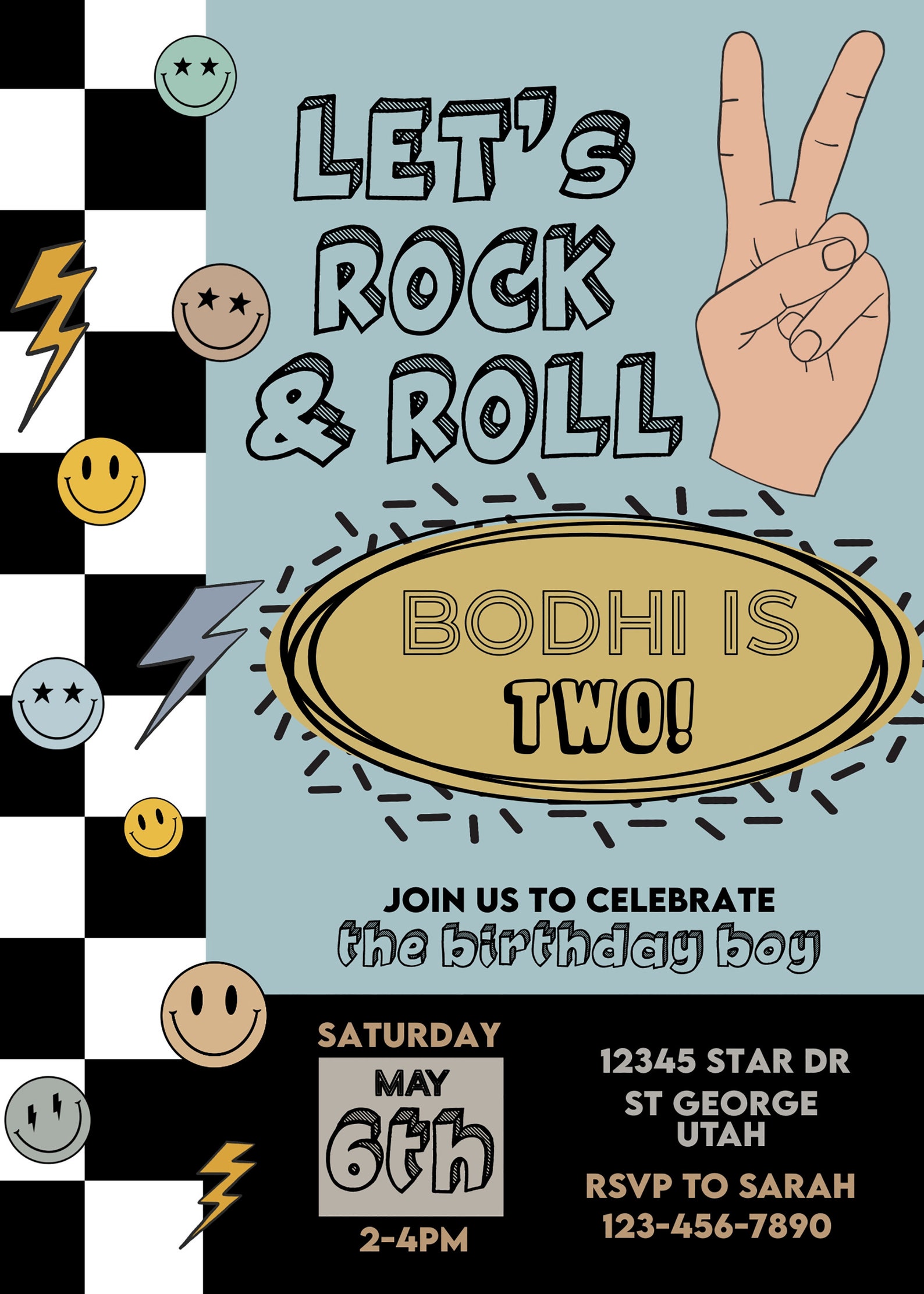 Smiley Invitation, Rock and Roll Invitation, Boys Birthday, Boys ...