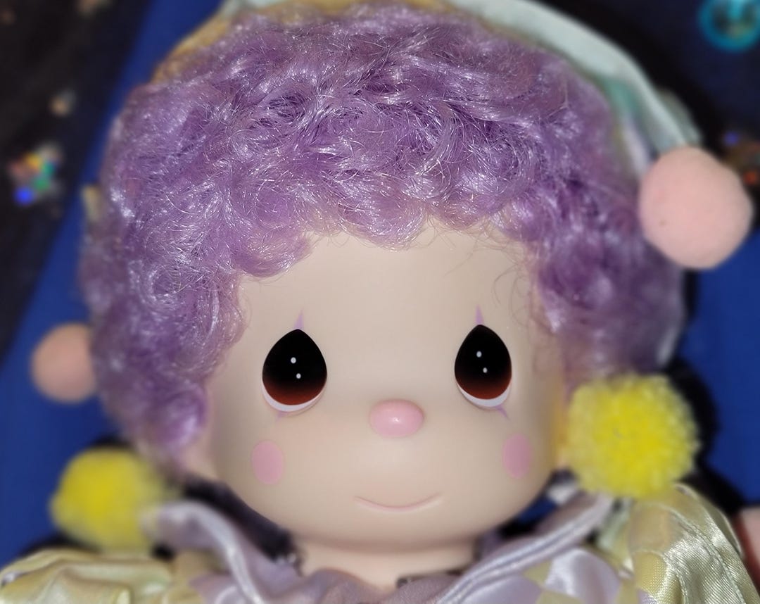 1998 12 Precious Moments pom Pom Clown Doll Green Yellow Hat Purple ...