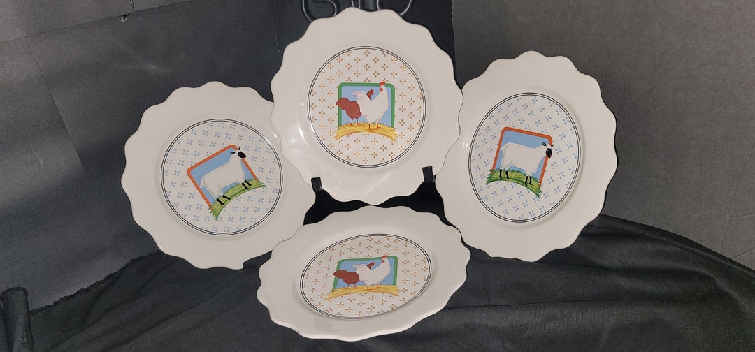 4 VANDOR COUNTRY Plates, PELZMAN Designs, Farm Animals, 2 Sheep, 2 ...