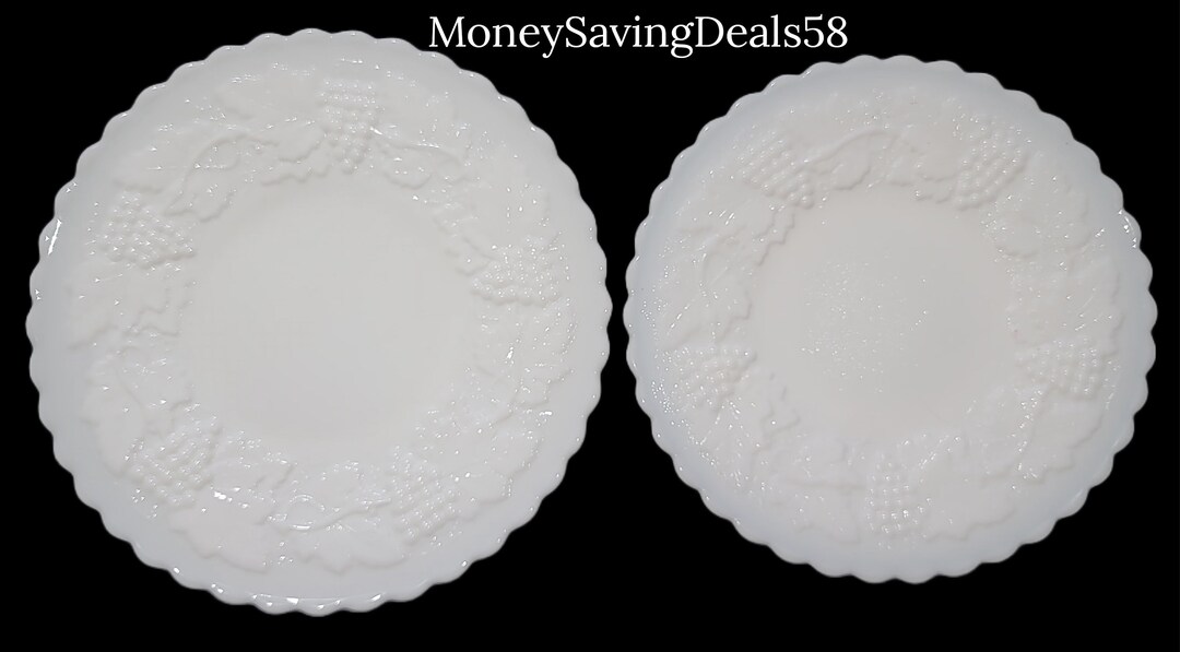 2 Imperial White Glass Plates Grape/leave Pattern Design 7.75" & 7" Art ...