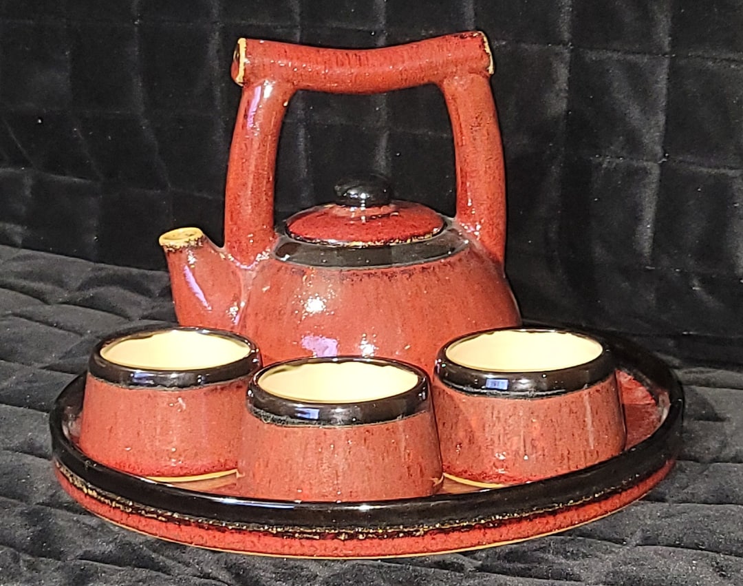 Pier 1 Imports Shanghai Tea Pot Set With 3 Cups and Tray Rustic Red ...