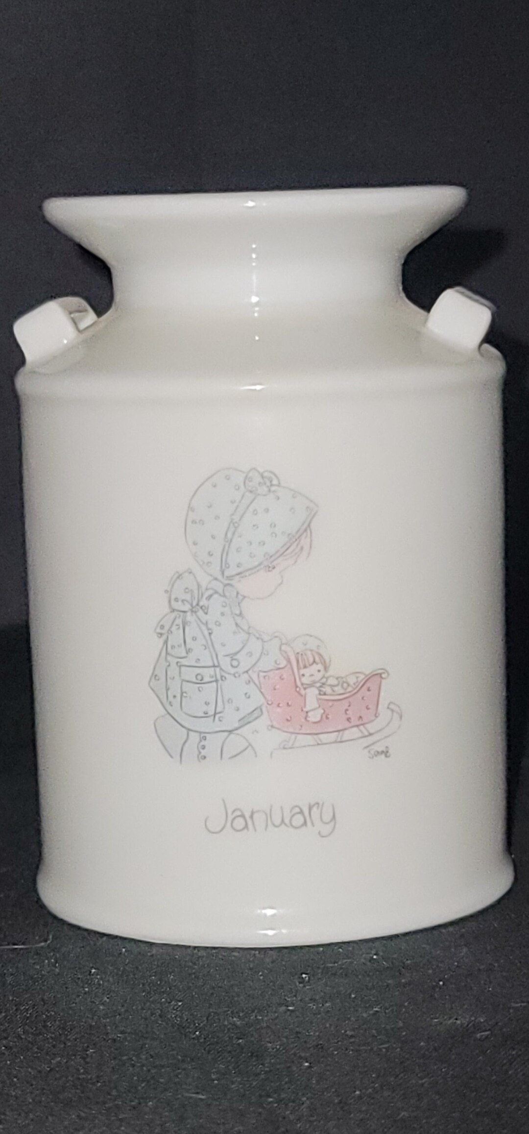 1987 Samuel J Butcher January Milk Jug Collectible Precious Moments ...