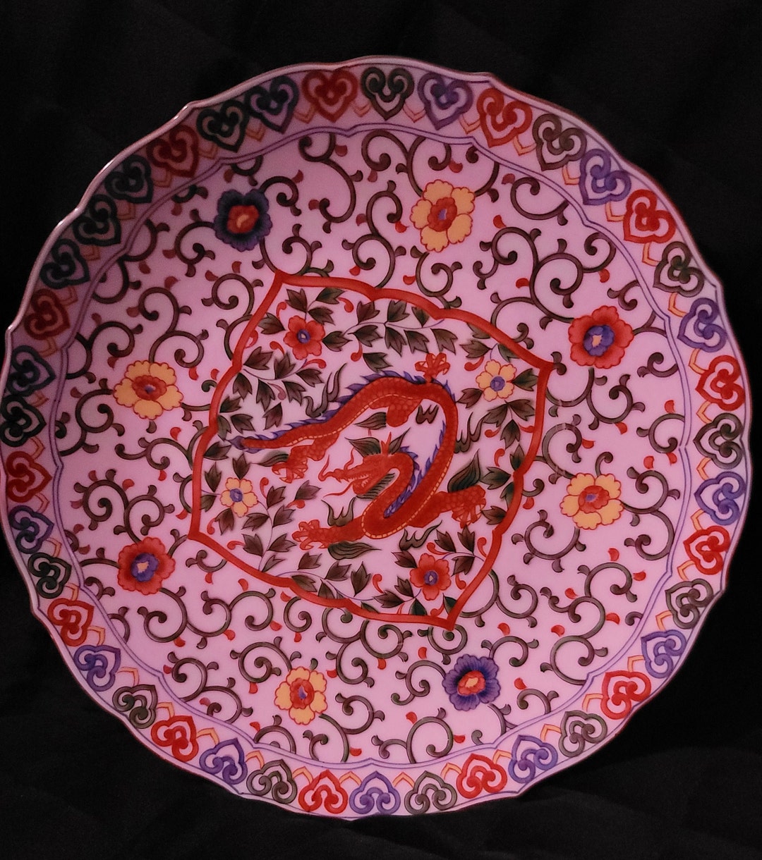 M.O.C. Red Dragon Plate Octagonal Japan 7" Japanese Flowers & Vines ...