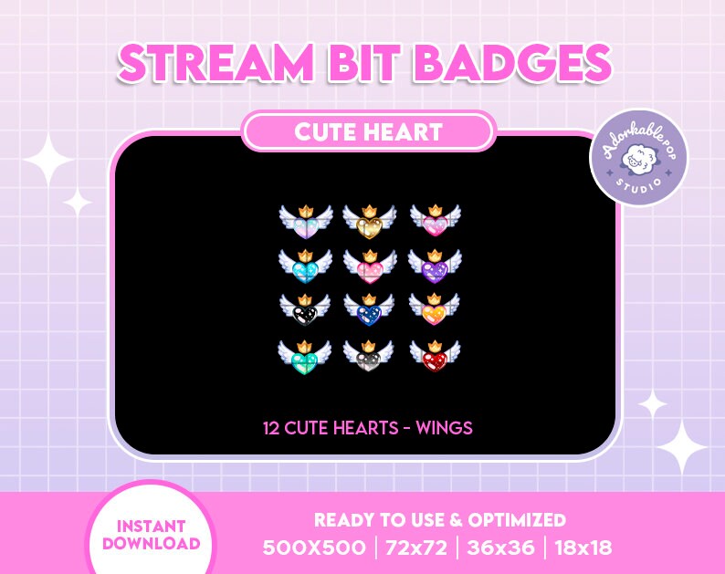 Sub Badges Twitch Heart Wings | Bit | Emote | Wing Cheer Badges ...