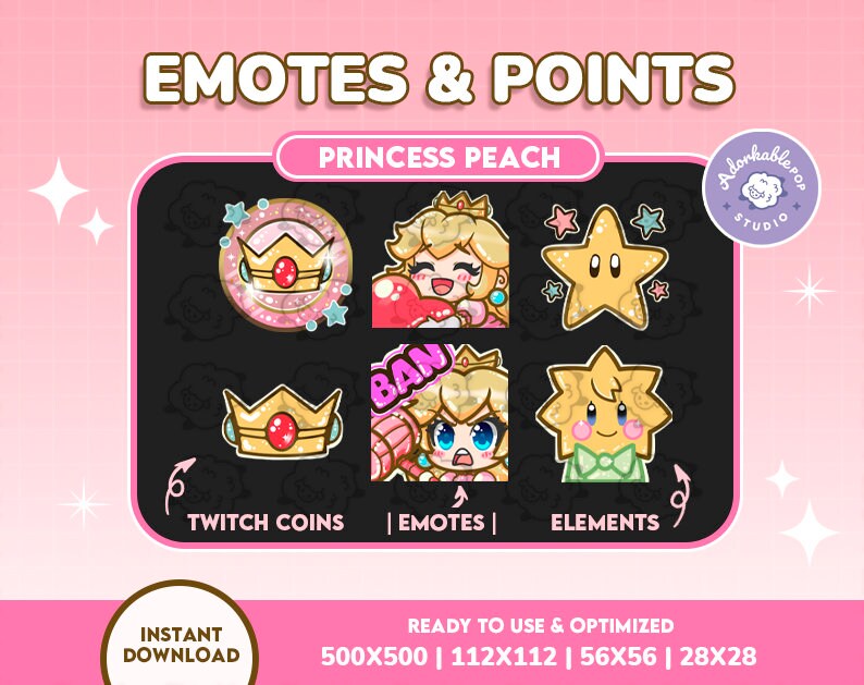 Princess Peach Emotes, Channel Point Coin, Elements | Twitch Sub Badge ...