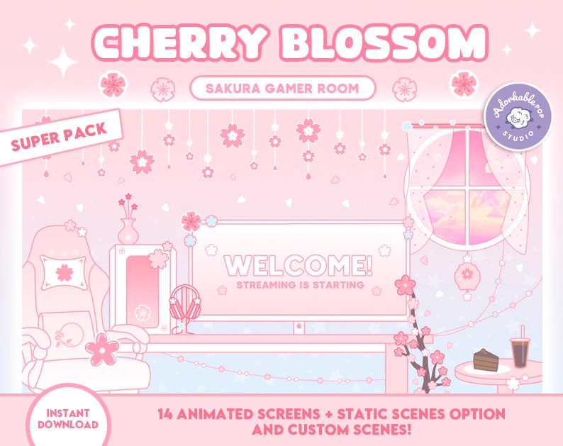 Pink Overlay Stream Super Pack | Sakura Cherry Blossom Room | Twitch ...