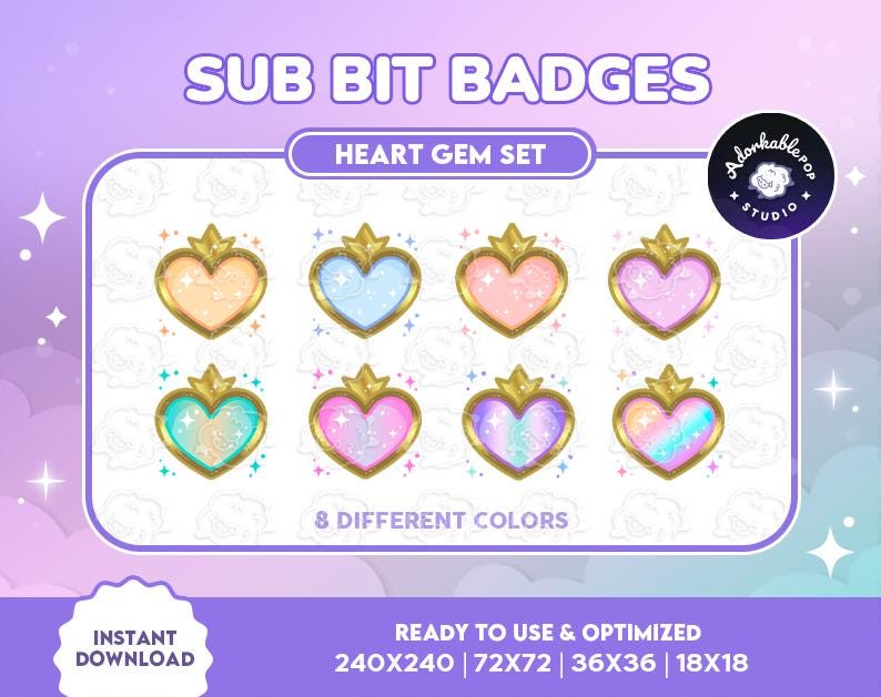 Twitch Sub Badges Heart Gems | Bit Badges | Emote | Cute Colors | Heart ...