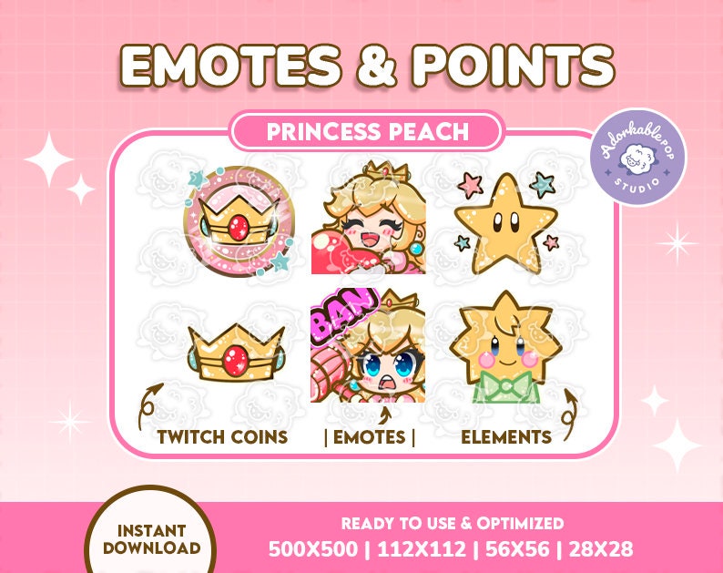 Princess Peach Emotes, Channel Point Coin, Elements | Twitch Sub Badge ...