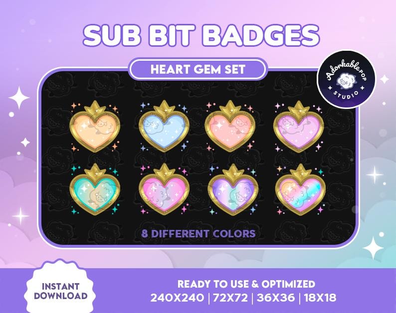 Twitch Sub Badges Heart Gems | Bit Badges | Emote | Cute Colors | Heart ...