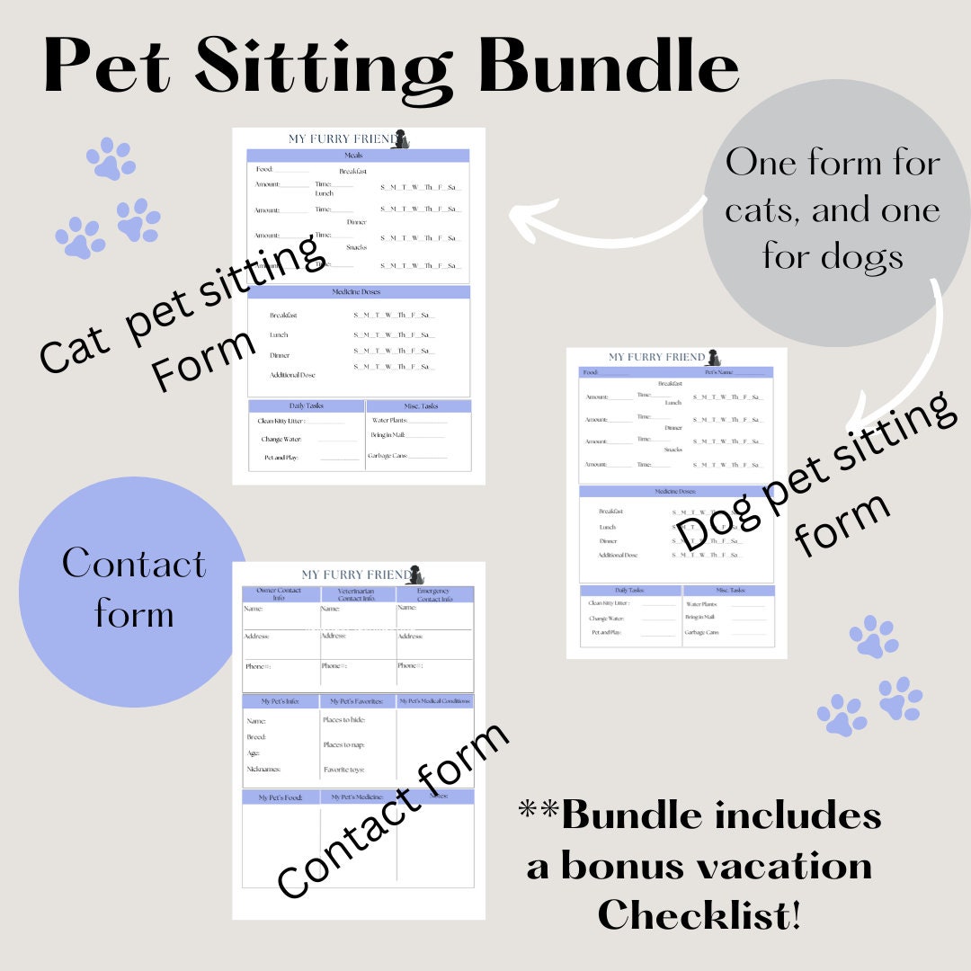 Pet Sitting Printable Checklist Bundle With Bonus Vacation Checklist ...
